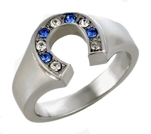 t10 women's stainless steel horseshoe cowgirl ring blue clear rhinestones horses colts rodeo western style (9)