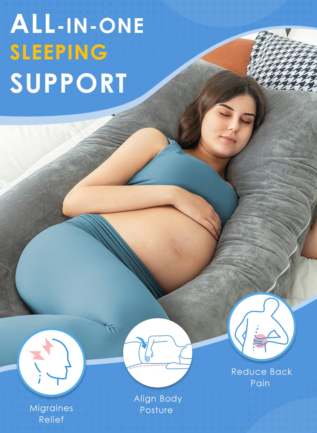 QUEEN ROSE Pregnancy Pillows, U Shaped Full Body Pillow for Sleeping Support, 55 Inch Maternity Pillow for Pregnant Women with Removable Velvet Cover, Grey