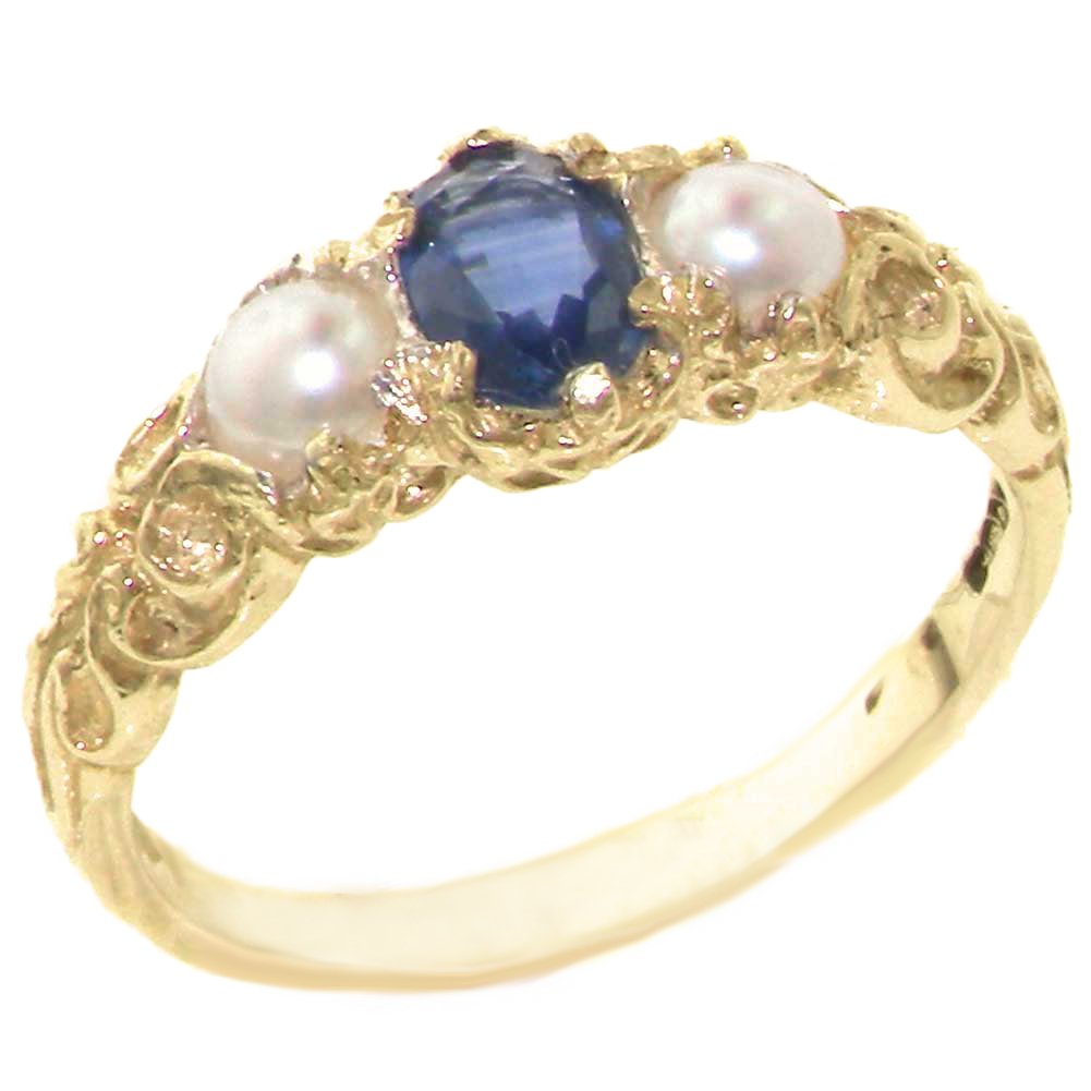 LetsBuyGold 10k Yellow Gold Natural Sapphire & Cultured Pearl Womens Promise Ring - Size 5.5