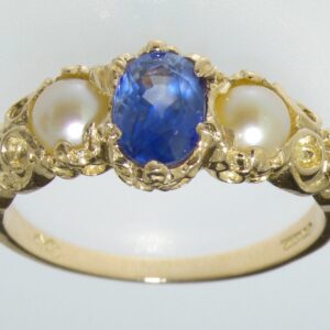 LetsBuyGold 10k Yellow Gold Natural Sapphire & Cultured Pearl Womens Promise Ring - Size 5.5