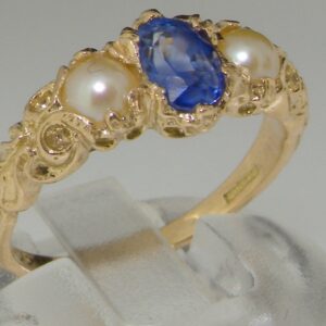 LetsBuyGold 10k Yellow Gold Natural Sapphire & Cultured Pearl Womens Promise Ring - Size 5.5