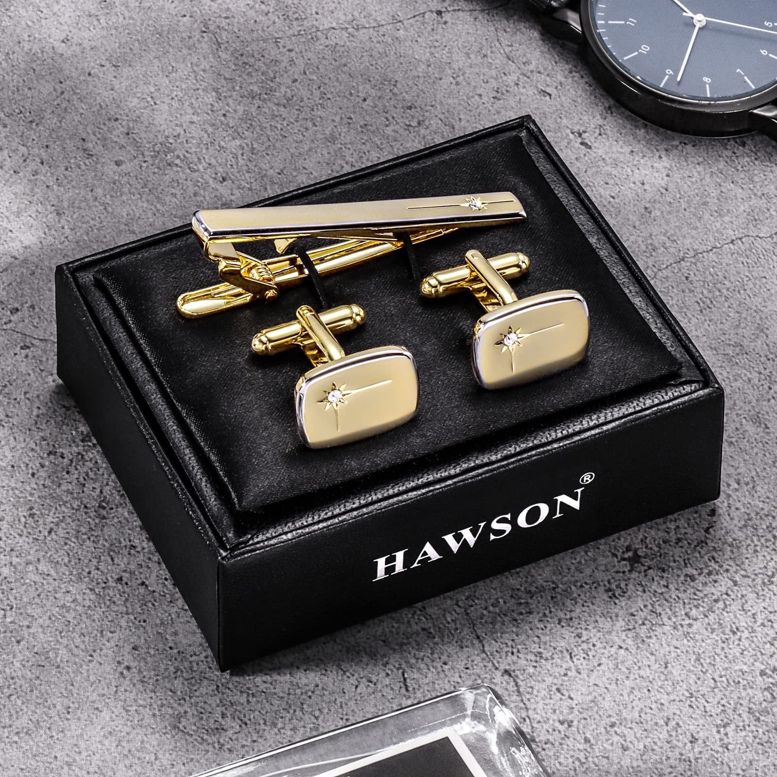 HAWSON Gold Tie Clip for Men, 2 inch /2.5inc Tie Clip with Set for Men's Necktie, Cufflinks with Tie Clip Set for Men, Tie Bar Clip Set Gift Set for Father, Brother, Husband