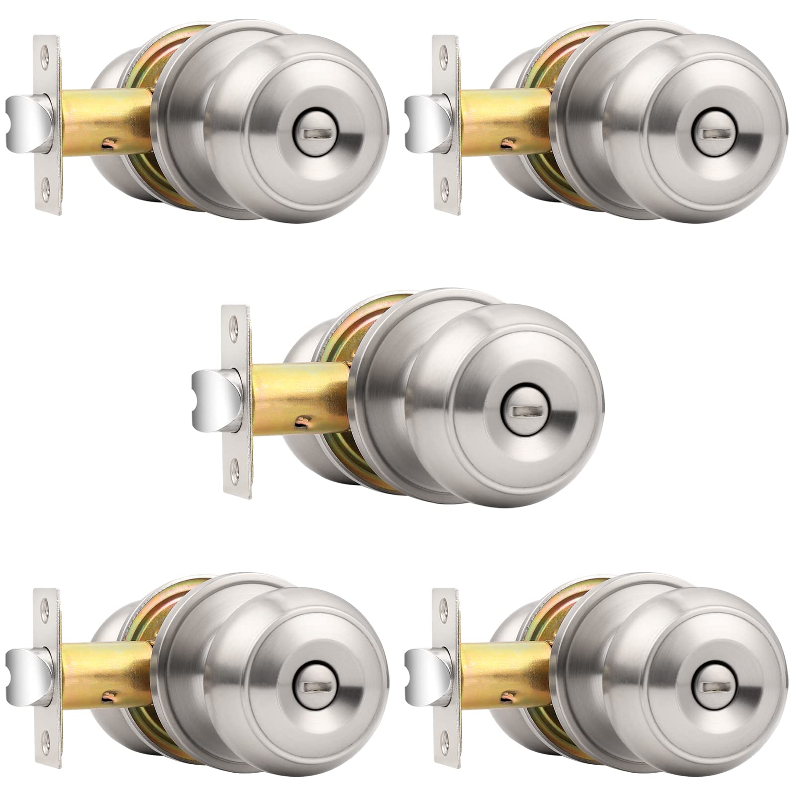 Probrico Brushed Nickel Bed/Bath Knobs Keyless Privacy Interior Doors Locksets, 5 Pack