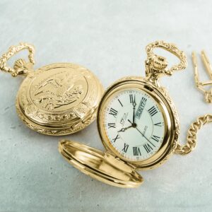 Daniel Steiger American Eagle Luxury Vintage Hunter Pocket Watch with Chain - 18k Gold Plating - Hand-Made Hunter Pocket Watch - Engraved Flying Eagle Design - White Dial with Black Roman Numerals