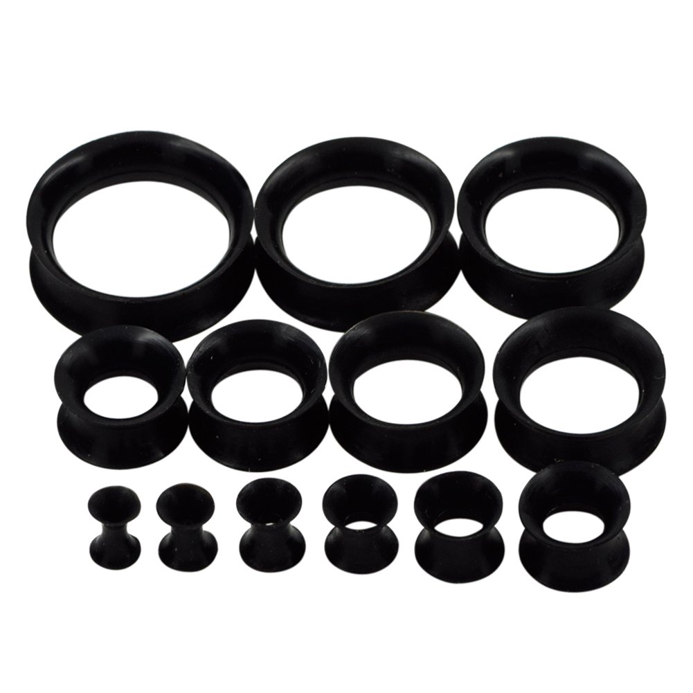 Qmcandy 26pcs 8G-1" Black Thin Silicone Double Flared Hollow Flexible Ear Tunnels Kit Ear Stretching Set (13 Pairs)