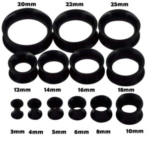 Qmcandy 26pcs 8G-1" Black Thin Silicone Double Flared Hollow Flexible Ear Tunnels Kit Ear Stretching Set (13 Pairs)