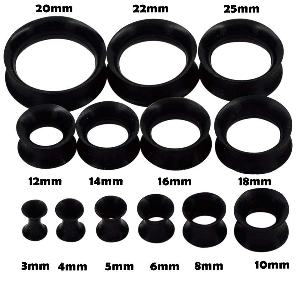 Qmcandy 26pcs 8G-1" Black Thin Silicone Double Flared Hollow Flexible Ear Tunnels Kit Ear Stretching Set (13 Pairs)