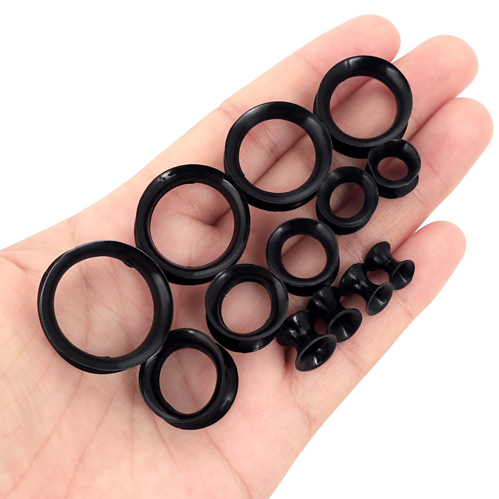 Qmcandy 26pcs 8G-1" Black Thin Silicone Double Flared Hollow Flexible Ear Tunnels Kit Ear Stretching Set (13 Pairs)