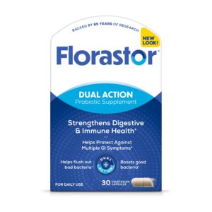 florastor probiotics for digestive & immune health, 30 capsules, probiotics for women & men, helps flush out bad bacteria, boost the good with our strain saccharomyces boulardii, packaging may vary