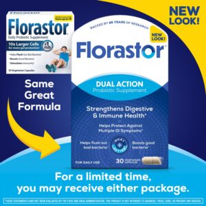 Florastor Probiotics for Digestive & Immune Health, 30 Capsules, Probiotics for Women & Men, Helps Flush Out Bad Bacteria, Boost The Good with Our Strain Saccharomyces Boulardii, Packaging May Vary