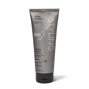 ion ultimate hold gel, firm hold, adds volume and shine, anti-frizz, no flaking, paraben free