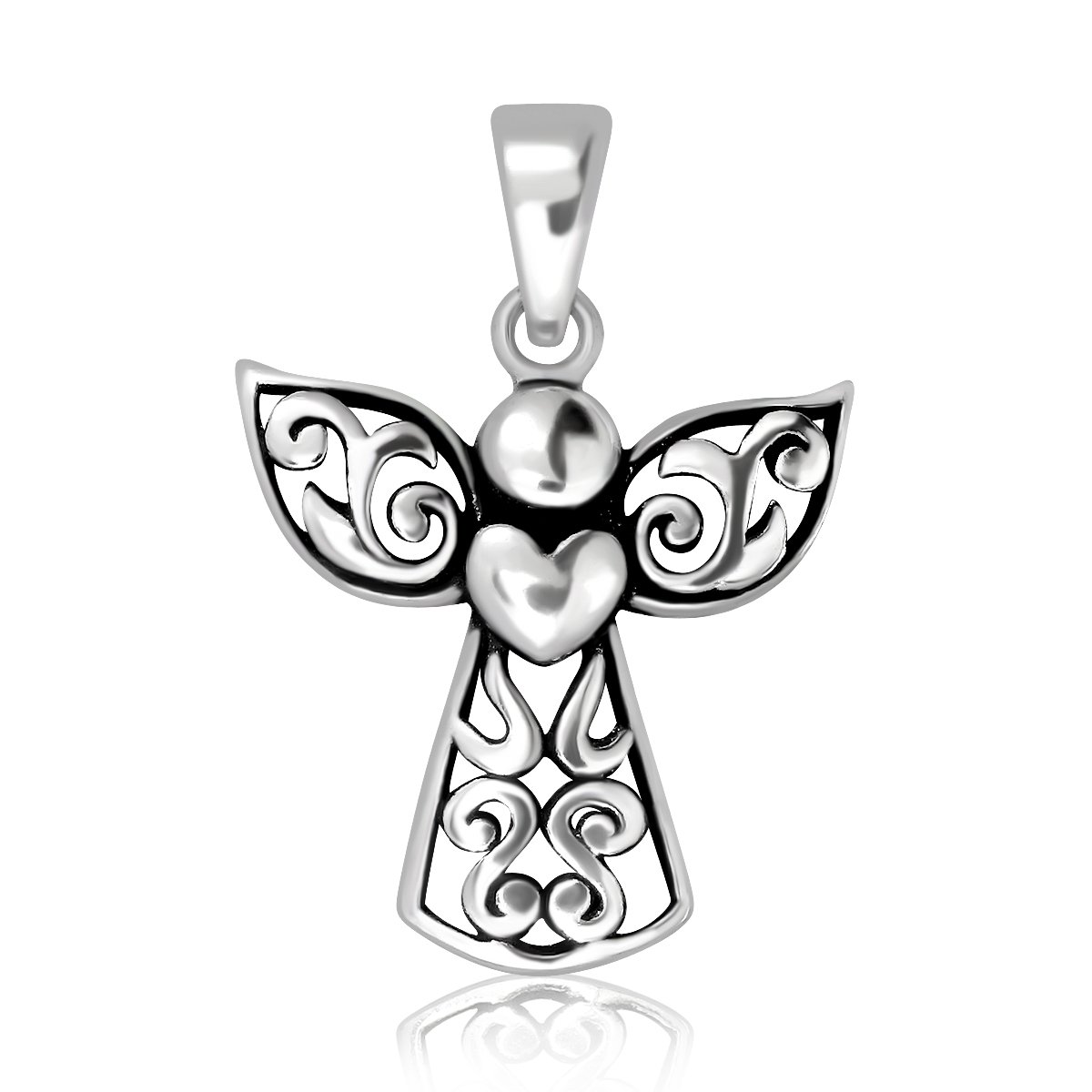 WithLoveSilver 925 Sterling Silver Bali Filigree Cross Guardian Angel Holding Heart Wing Pendant