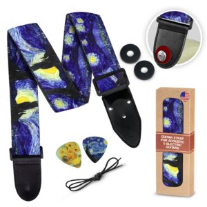 van gogh "starry night" guitar strap for bass , electric & acoustic guitar includes 2 strap locks & 2 matching picks. adjustable cotton guitar strap - best gift set for men women guitari players