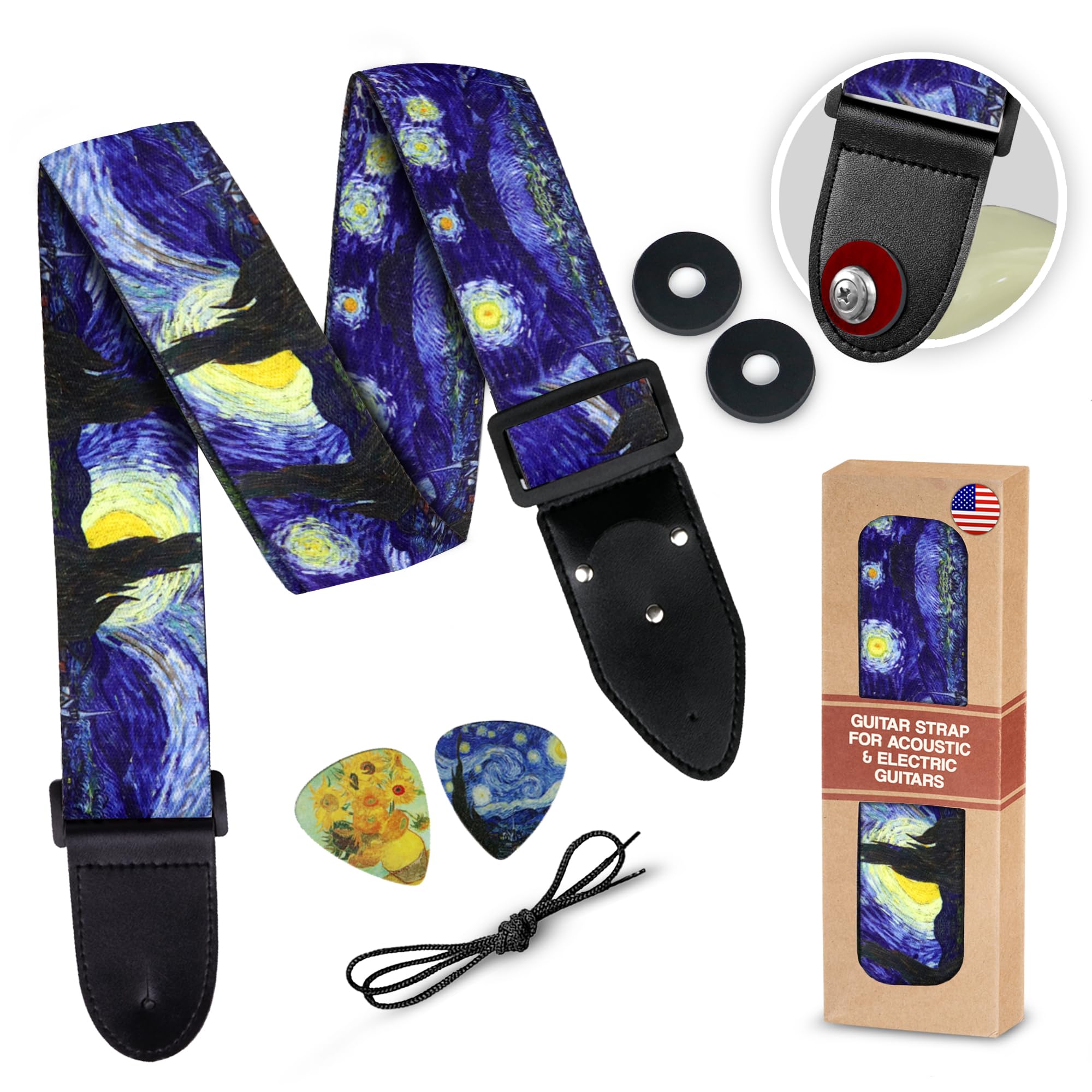 Van Gogh "Starry Night" Guitar Strap for Bass , Electric & Acoustic Guitar Includes 2 Strap Locks & 2 Matching Picks. Adjustable Cotton Guitar Strap - Best Gift Set for Men Women Guitari Players