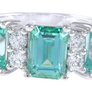 Jewel Zone US Simulated Blue Green Tourmaline & White Cubic Zirconia Three Stone Engagement Ring in Sterling Silver