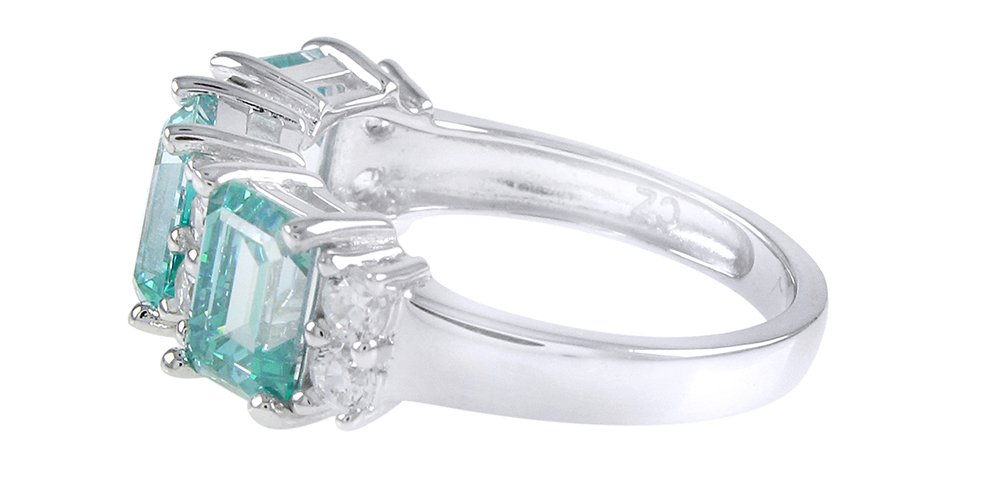 Jewel Zone US Simulated Blue Green Tourmaline & White Cubic Zirconia Three Stone Engagement Ring in Sterling Silver