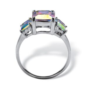 PalmBeach Sterling Silver or 14K Yellow GoldPlated Emerald Cut Aurora Borealis Cubic Zirconia 3 Stone Ring Size 8