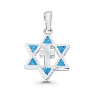 lab created blue opal cross star of david pendant 925 sterling silver