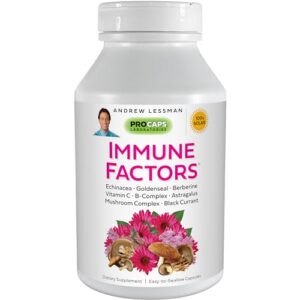 andrew lessman immune factors 180 capsules – echinacea, goldenseal, vitamin c, astragalus, berberine, mushroom blend, black currant. supports and promotes immune system and natural defenses