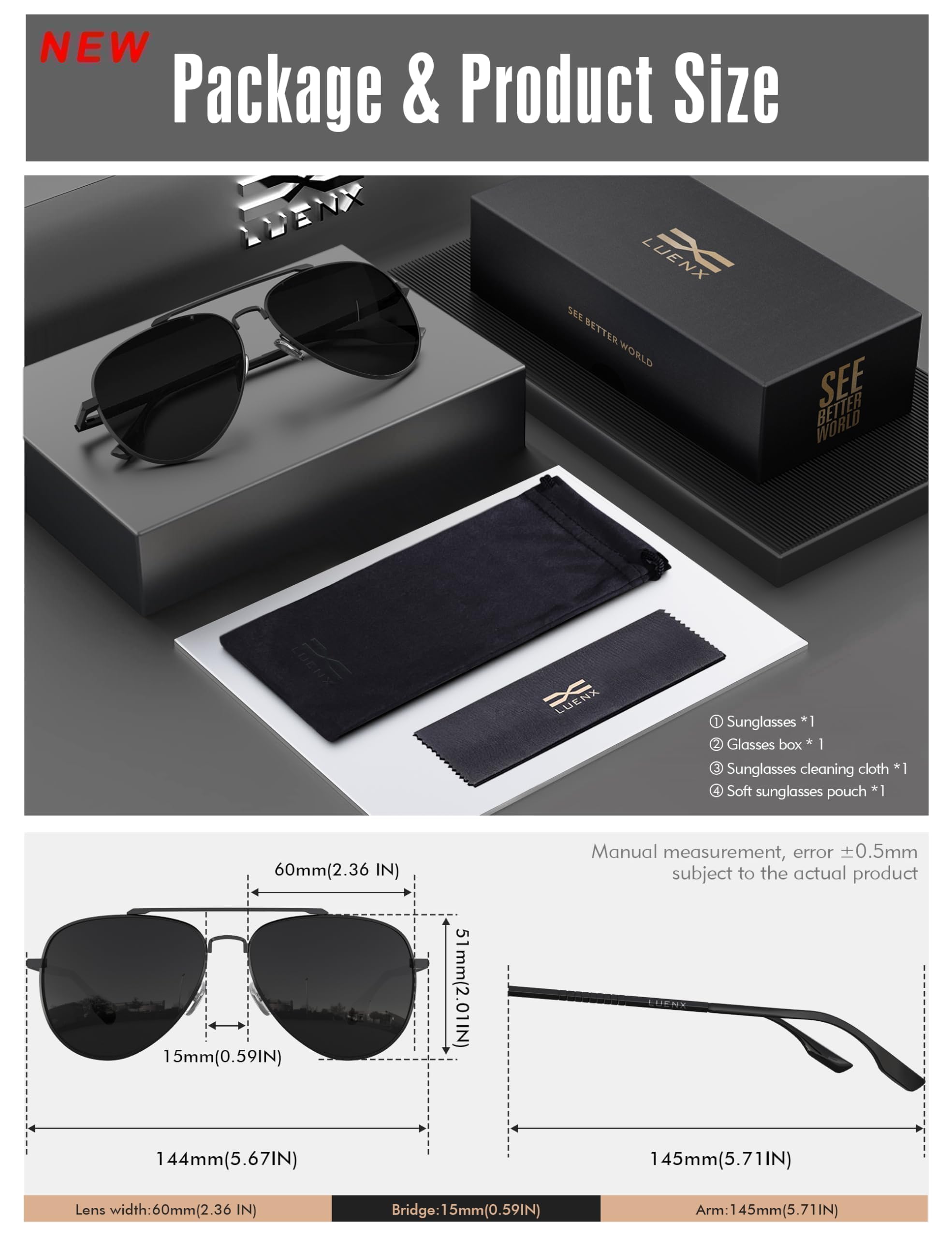 LUENX Aviator Sunglasses for Men Womens Polarized Driving Shades Black Lens Black Metal Frame Classic Style 60mm