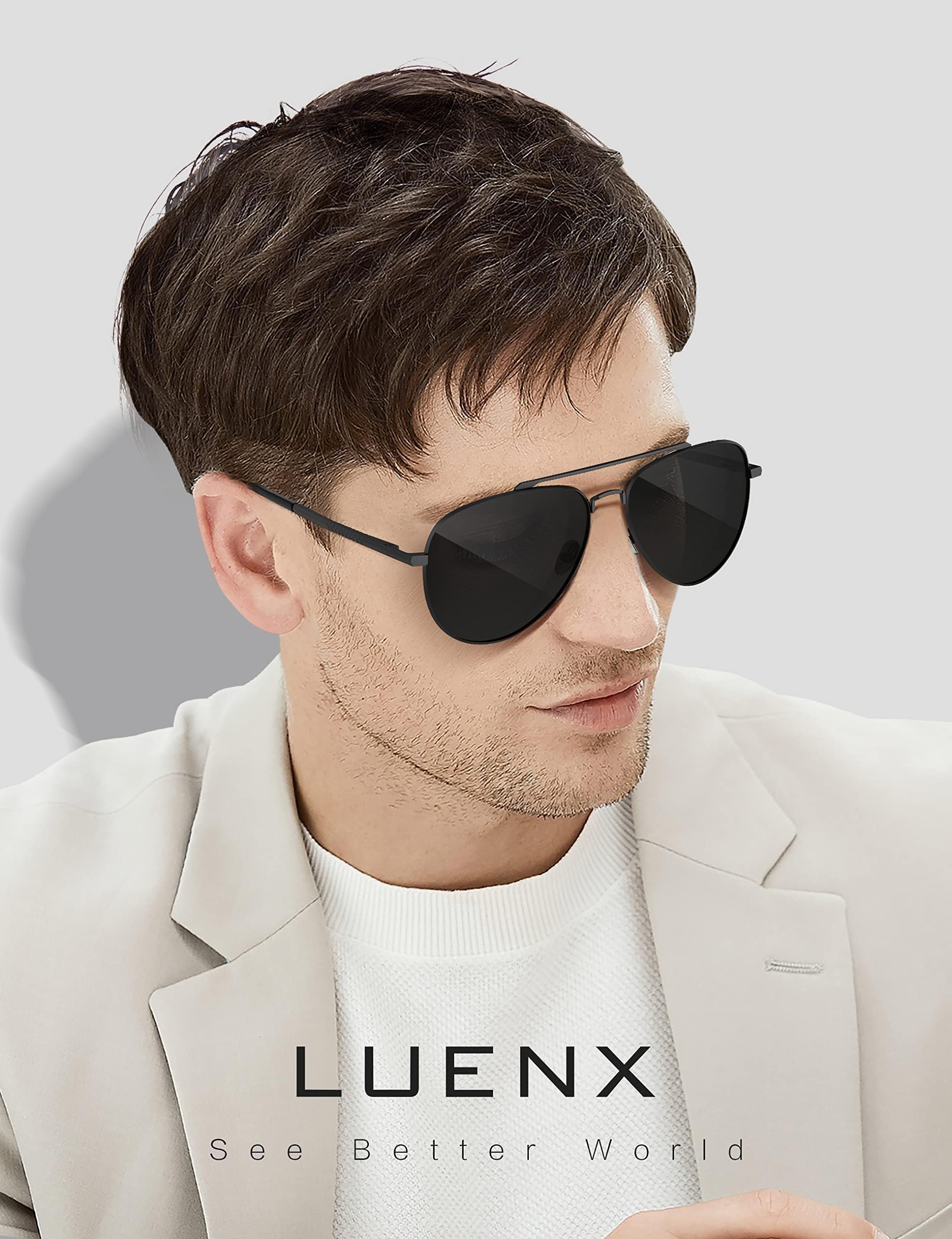 LUENX Aviator Sunglasses for Men Womens Polarized Driving Shades Black Lens Black Metal Frame Classic Style 60mm