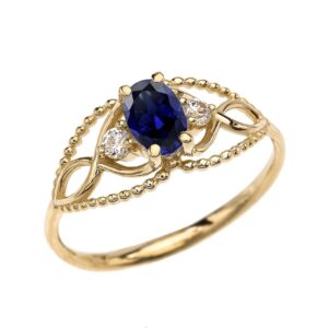 14k yellow gold elegant beaded solitaire ring with sapphire and white topaz(size 9.75)