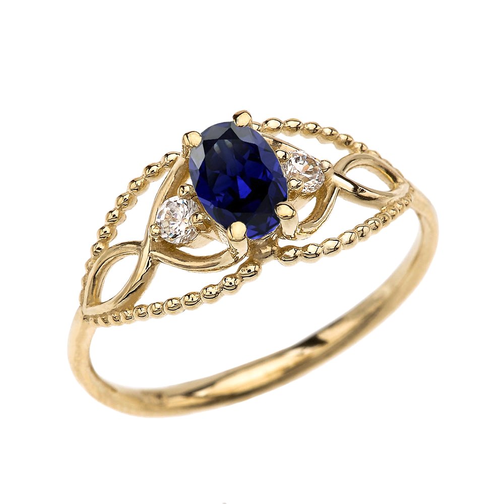 14k Yellow Gold Elegant Beaded Solitaire Ring With Sapphire and White Topaz(Size 9.75)