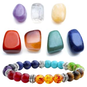 top plaza 7 chakra reiki healing crystals yoga balance irregular shape polished tumbled palm stones w/ 7 chakra healing crystal bracelet (7 chakra bracelet without charm)