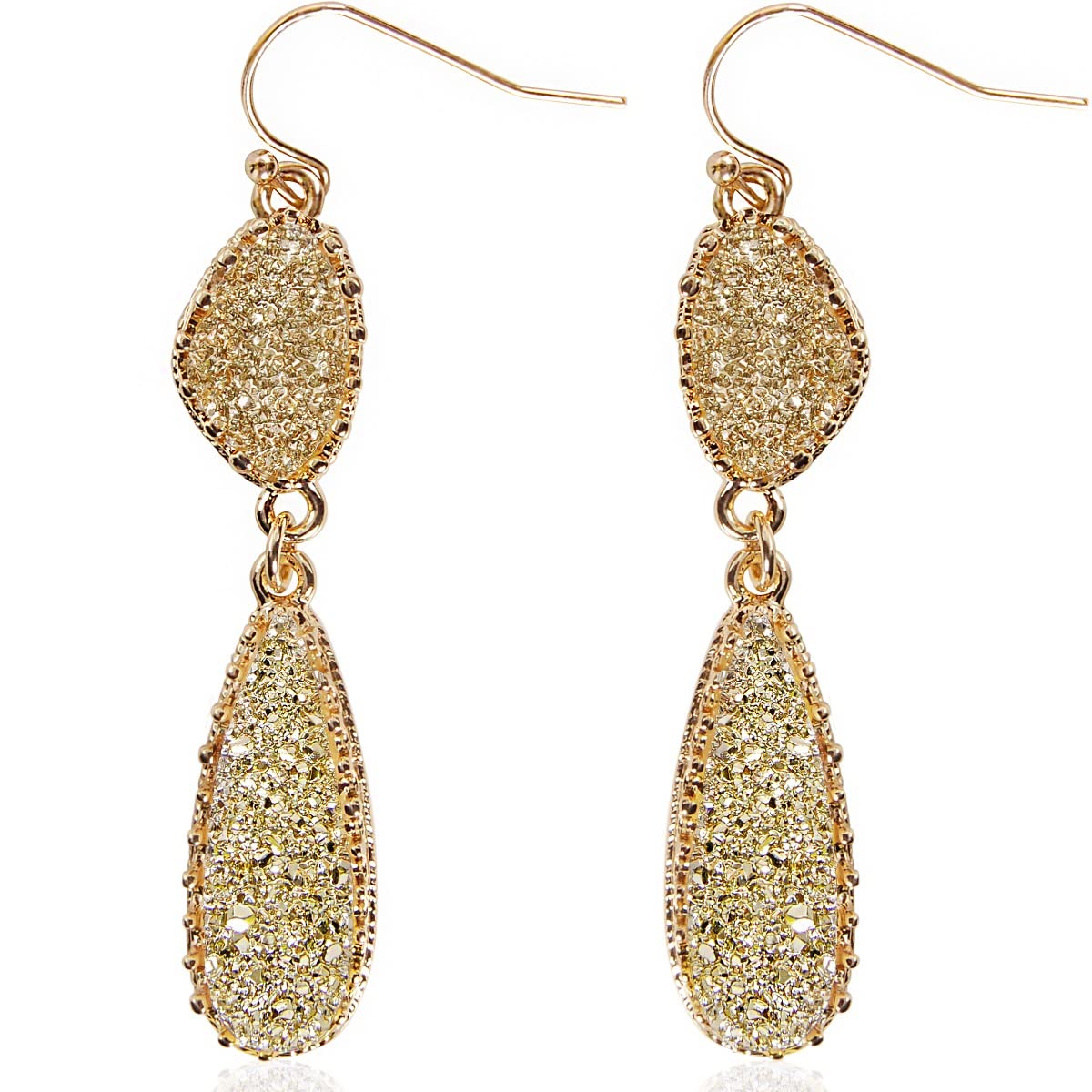 Humble Chic Simulated Druzy Drop Dangles - Long Double Teardrop Dangly Earrings for Women, Gold - Gold Stone