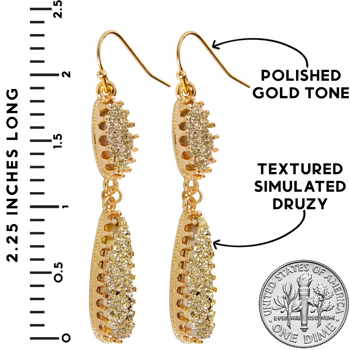 Humble Chic Simulated Druzy Drop Dangles - Long Double Teardrop Dangly Earrings for Women, Gold - Gold Stone