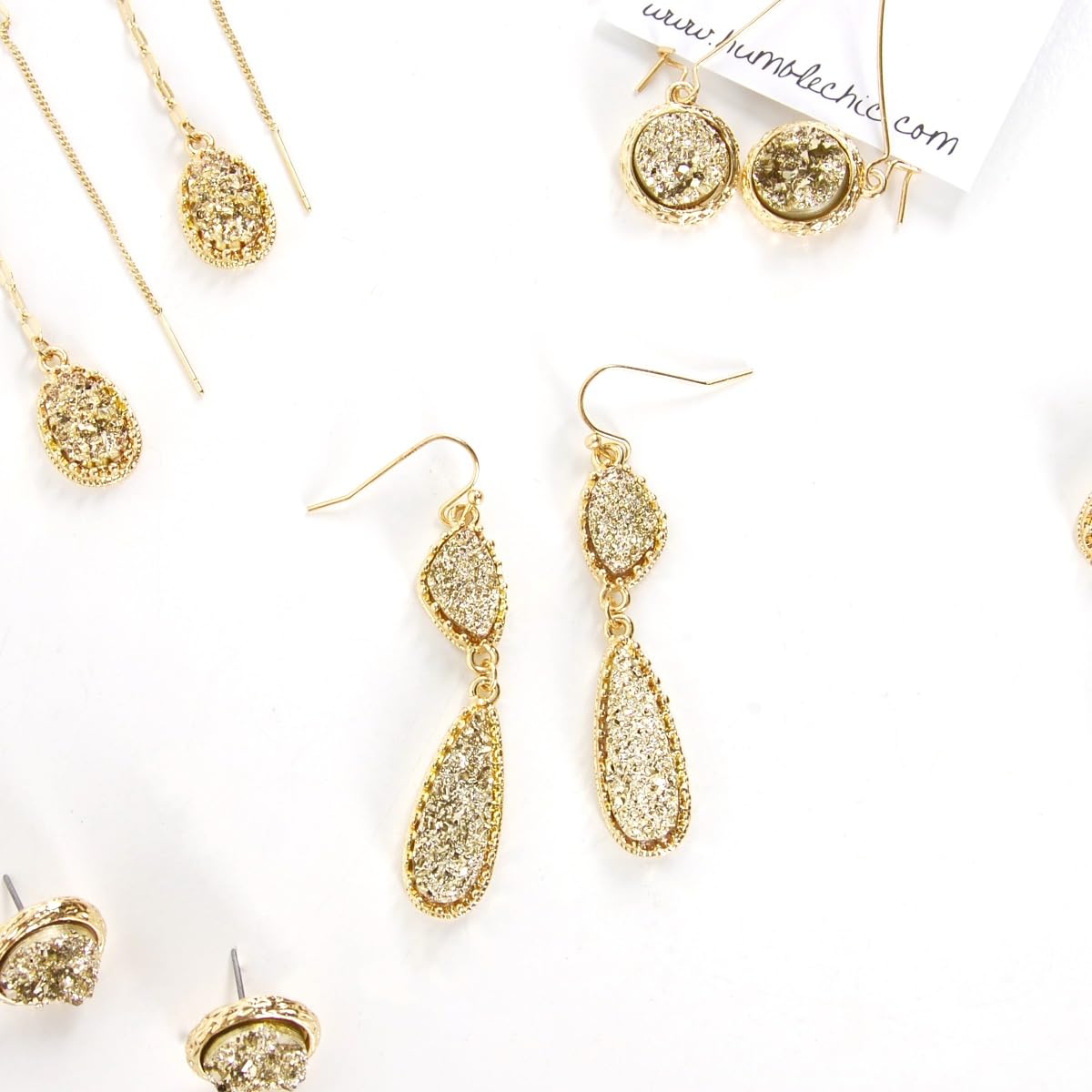 Humble Chic Simulated Druzy Drop Dangles - Long Double Teardrop Dangly Earrings for Women, Gold - Gold Stone