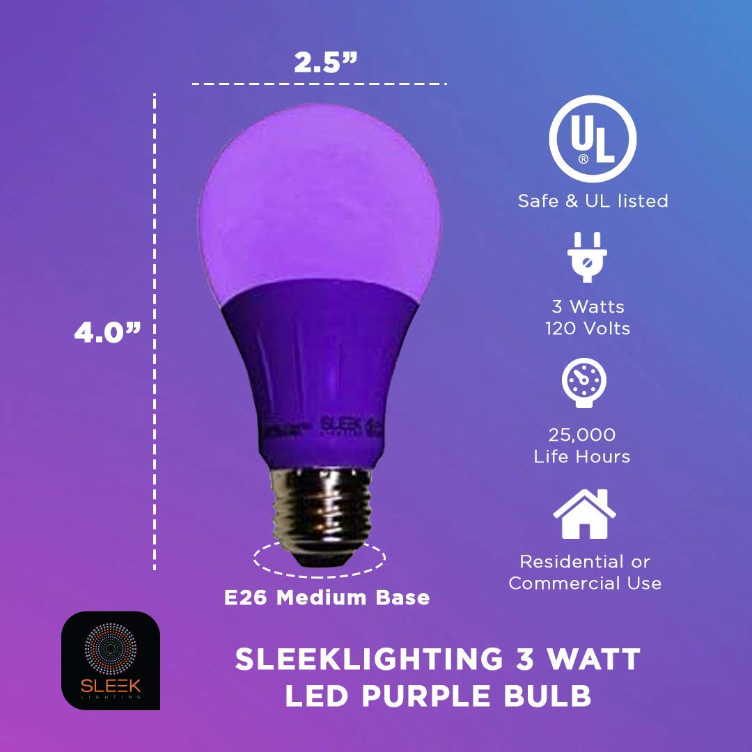 SLEEKLIGHTING Purple Light Bulb A19 LED, 120 Volt - 3-Watt Outdoor Light Bulbs- Medium Base - UL-Listed Purple LED Light Bulb- Lasts More Than 20,000 Hours 4pack