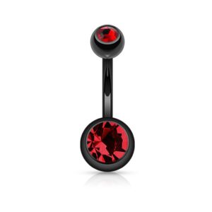 fifth cue 14g black titanium double cubic zirconia barbell navel ring (red)