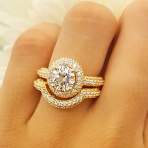 Dazzlingrock Collection Round White Cubic Zirconia CZ Halo Wedding Bridal Fashion 2 Piece Engagement Ring Set | 14K Yellow Gold, Size 5.5