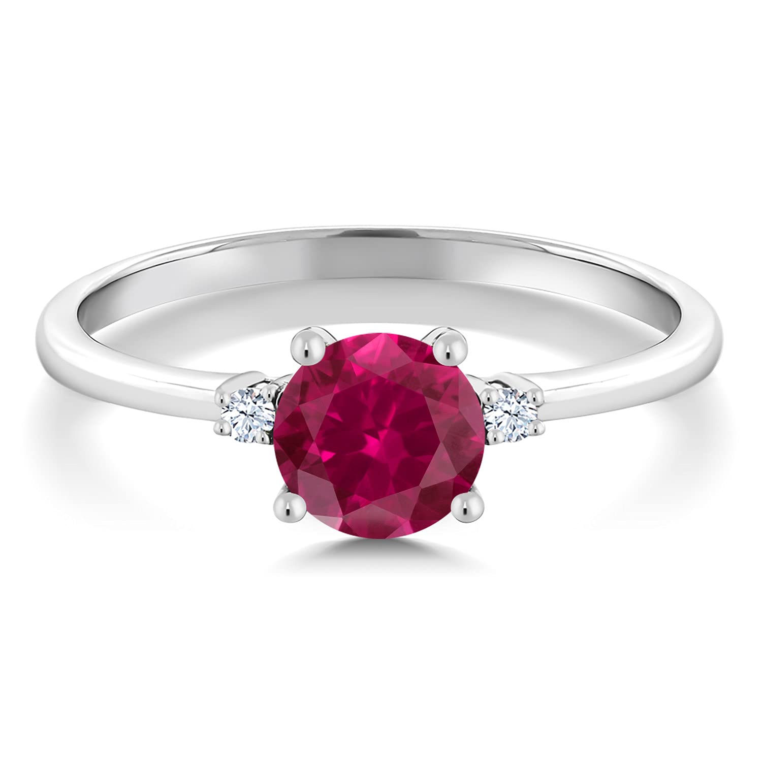 Gem Stone King 10K White Gold Red Created Ruby and White Created Sapphire Solitaire Engagement Ring For Women (1.03 Cttw, Round 6MM, Gemstone July Birthstone, Size 5)