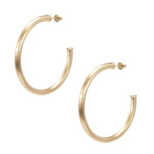 sheila fajl small everybody's favorite 2 inch tubular lightweight hoop earrings in brushed champagne. 18k gold and 18k rose gold metal plated