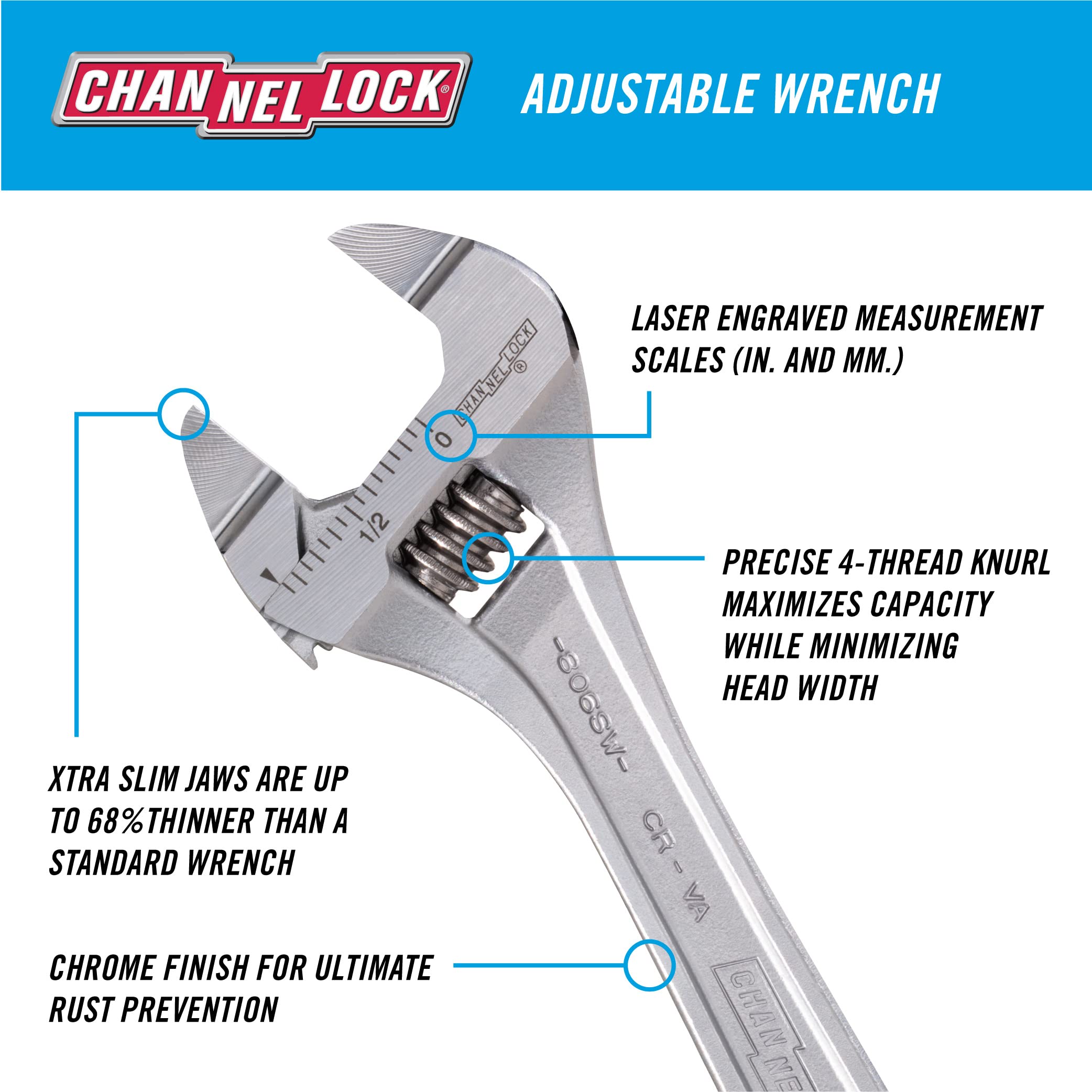 Channellock - 6 Xtra Slim Jaw Adj Wrench (806SW)