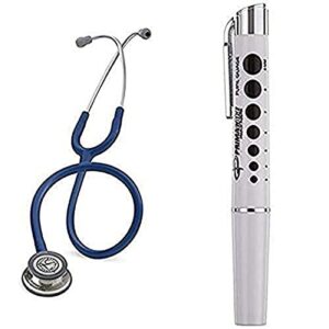 3m littmann classic iii stethoscope, stainless-steel-finish chestpiece, navy blue tube, 27 inch, 5622 and primacare dl-9325 reusable led penlight with pupil gauge bundle