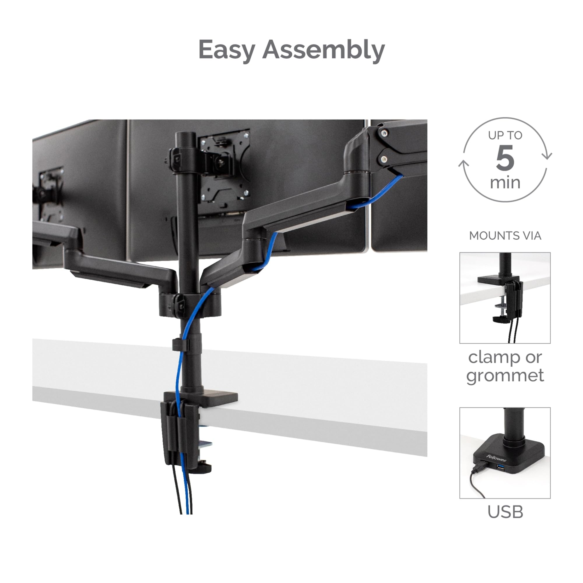 Fellowes Platinum Series Triple Monitor Arm for 27-Inch Monitors, Full Motion, 360° Rotation, VESA Mount with Grommet or Clamp, USB Ports, Ergonomic, Black, 8042601