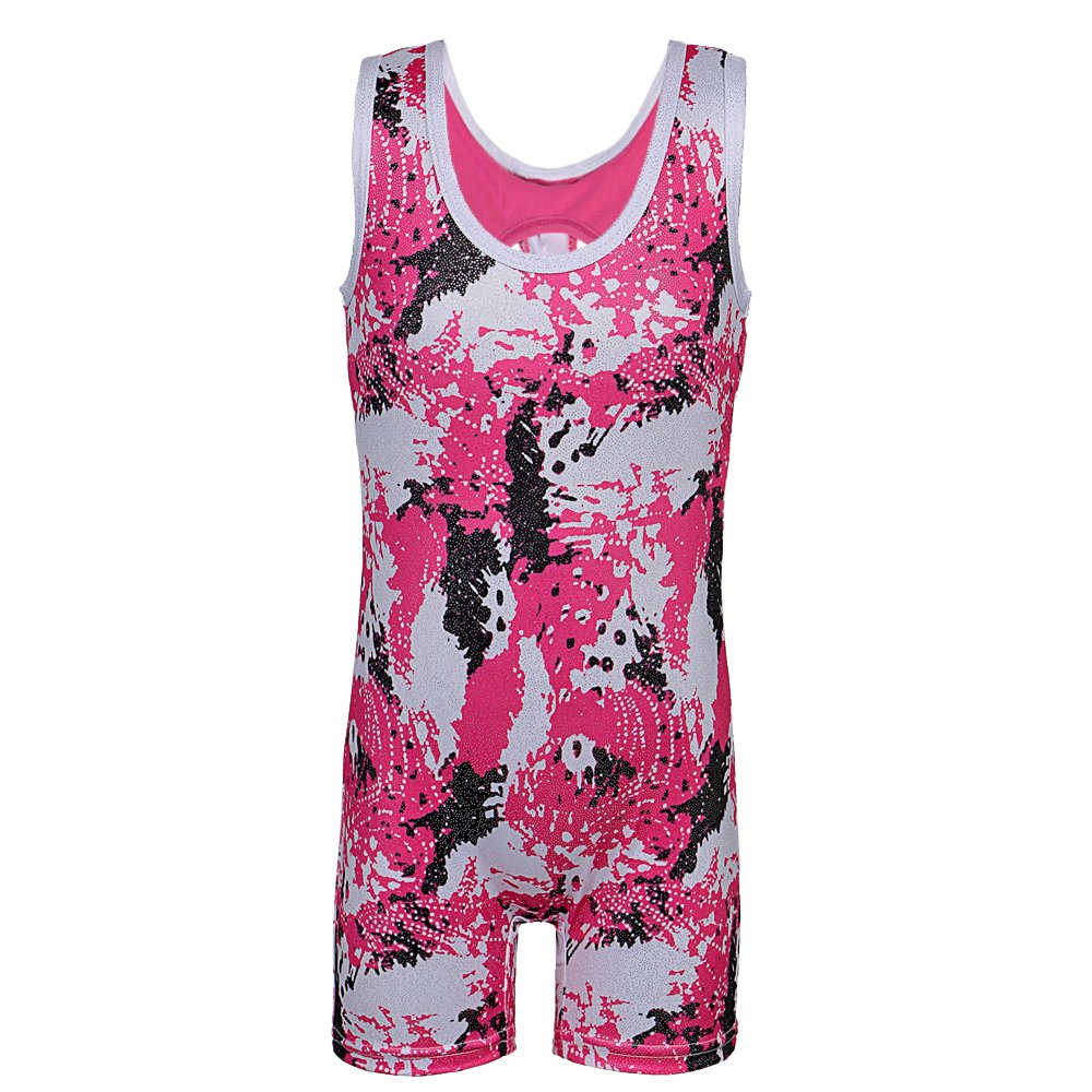 TFJH E One-Piece Sparkle Dancing Gymnastics Biketard Leotard with short for Little Girls 9-10Y HotPink 150