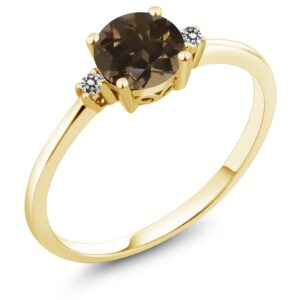 gem stone king 10k yellow gold brown smoky quartz and white diamond solitaire engagement ring for women (0.83 cttw, round 6mm, gemstone birthstone, size 7)