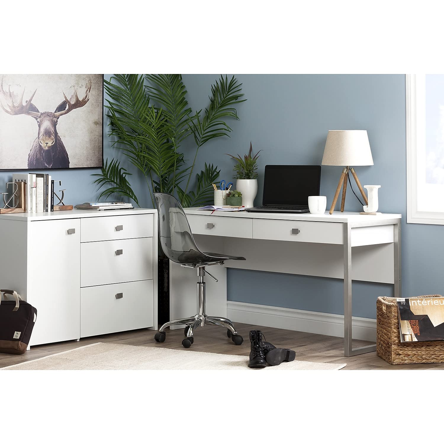 South Shore Interface Modern Simple Design Computer Desk with 2 Drawers, Pure White