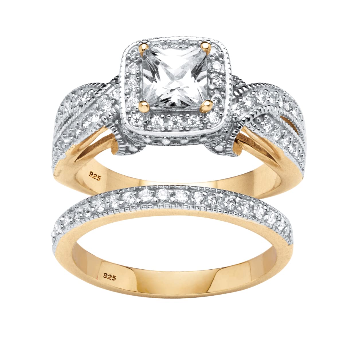 PalmBeach Yellow Gold-plated Sterling Silver Princess Cut Cubic Zirconia Halo Bridal Ring Set Sizes 6-10 Size 8