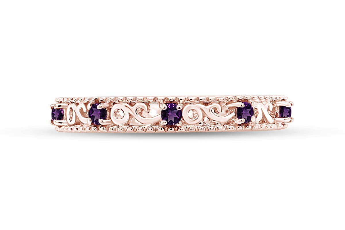 Jewel Zone US Round Cut Purple Simulated Amethyst Stackable Ring in 14K Rose Gold Over Sterling Silver