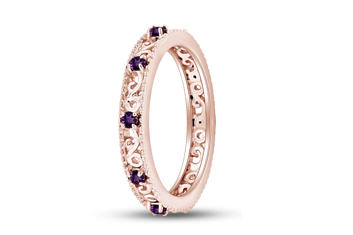 Jewel Zone US Round Cut Purple Simulated Amethyst Stackable Ring in 14K Rose Gold Over Sterling Silver