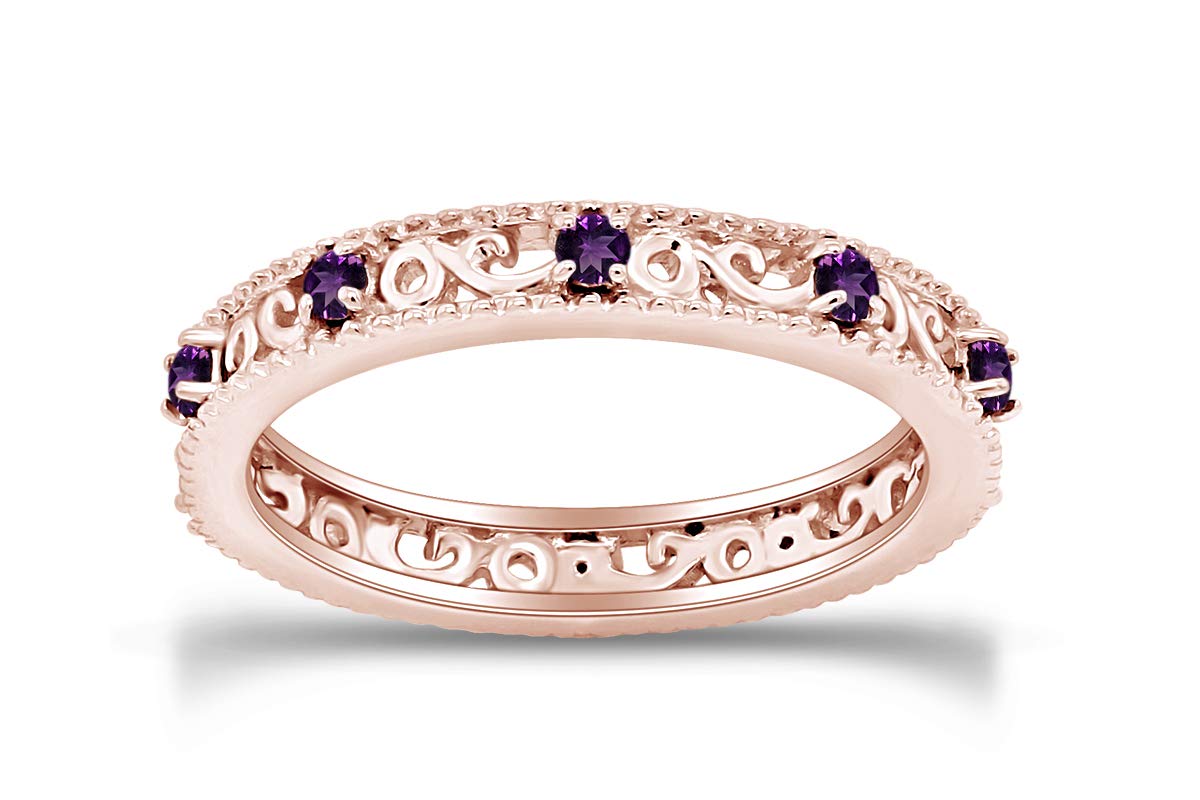 Jewel Zone US Round Cut Purple Simulated Amethyst Stackable Ring in 14K Rose Gold Over Sterling Silver