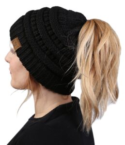 funky junque solid ribbed beanietail messy bun high ponytail beanie - black