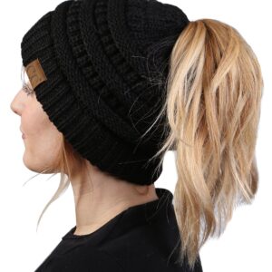 Funky Junque Solid Ribbed BeanieTail Messy Bun High Ponytail Beanie - Black