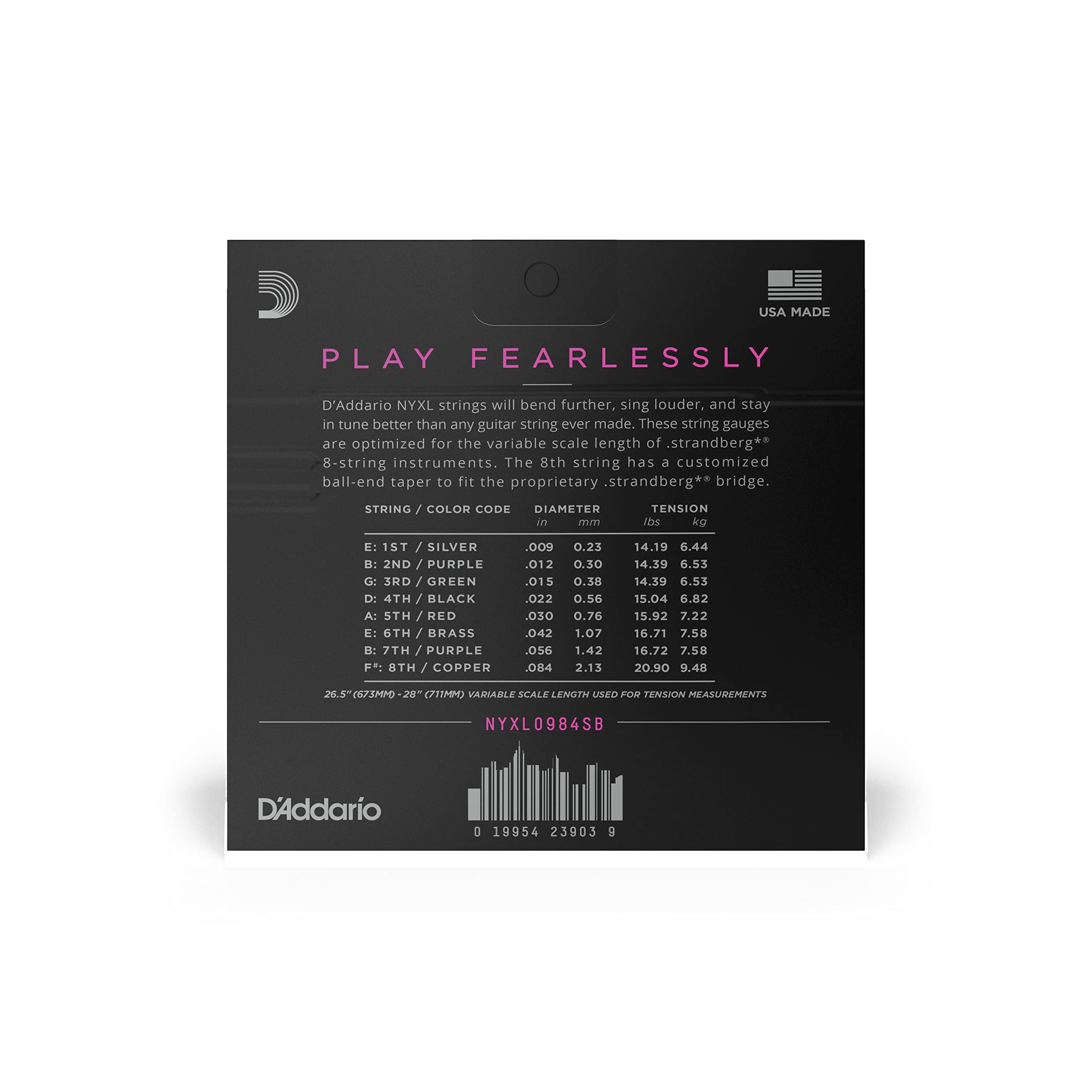 D'Addario Guitar Strings - NYXL Electric Guitar Strings - NYXL0984SB - Unrivaled Strength, Tuning Stability, Enhanced Mid-Range - For 8 String Guitars - 09-84 Custom Light 8-String Strandberg