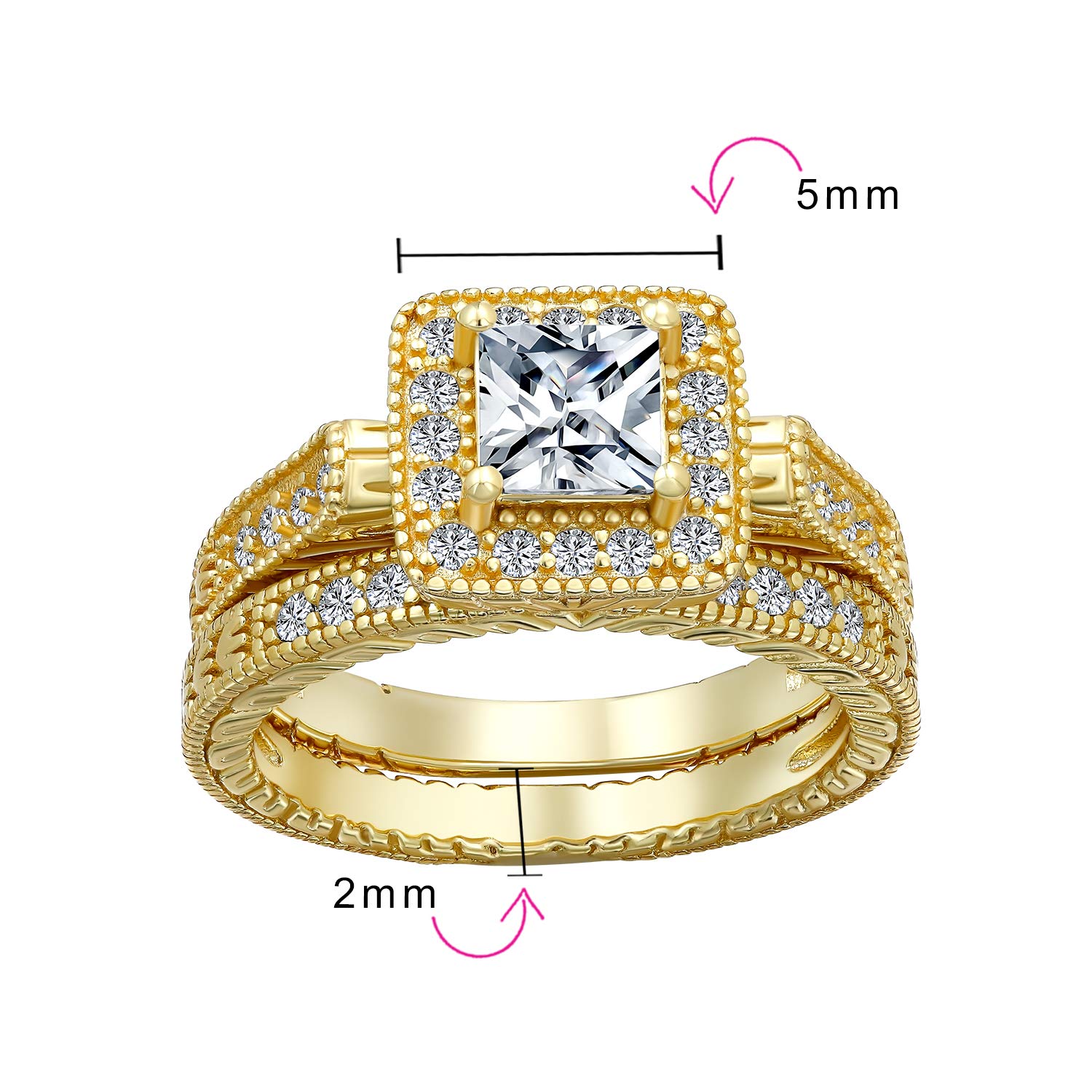 Bling Jewelry Gold Plated Silver Princess CZ Engagement Wedding Ring Set (6)